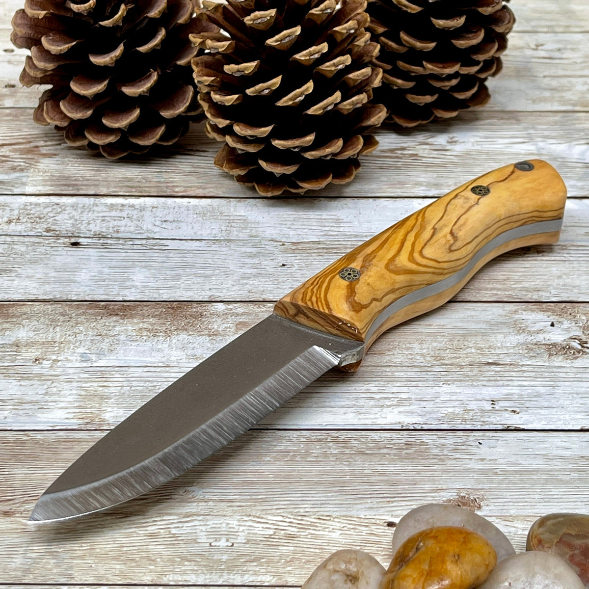 Camping Knife with Olive Wood Handle, 1/4 inch N 690 Steel and Leather ...